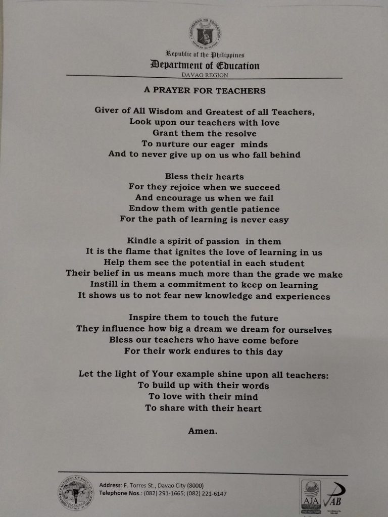 A prayer for our teachers - Department of Education Region XI