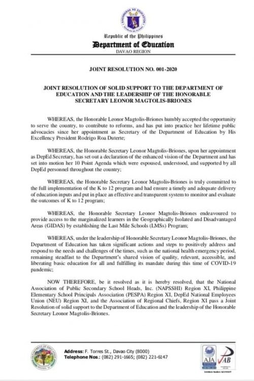Joint Resolution of Solid Support to the Department of Education and ...